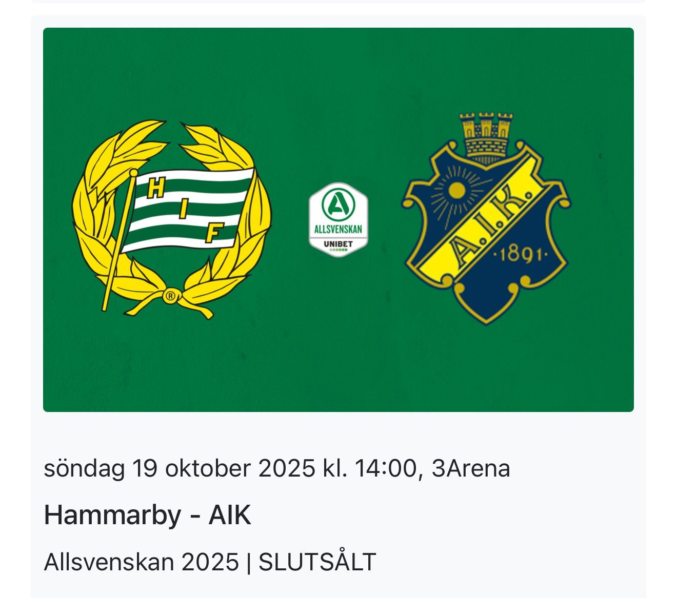 Se produkter som liknar Hammarby - AIK Allsvenskan 2025 på Tradera (693319959)