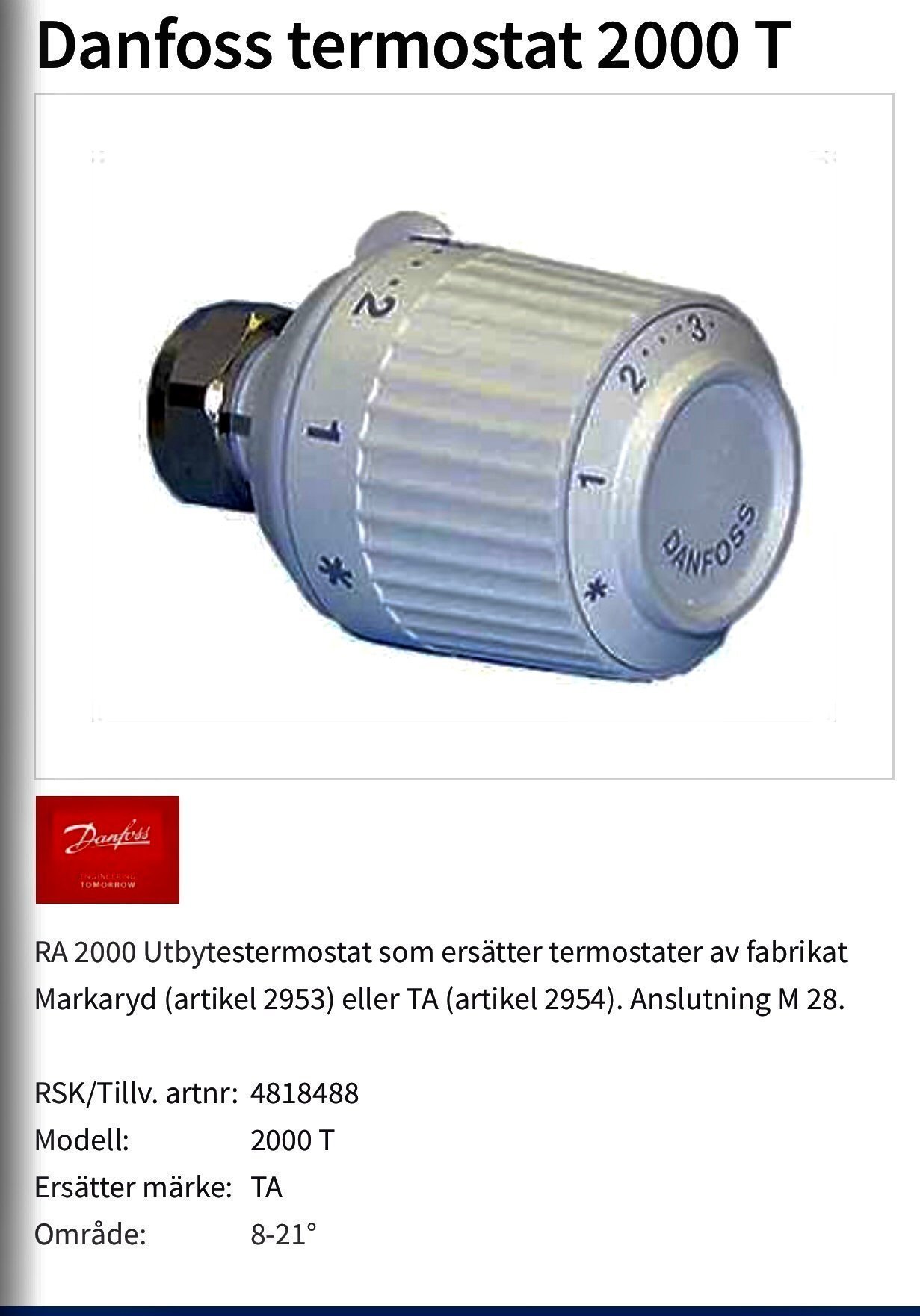 Termostat Danfoss (387287750) ᐈ Köp på Tradera