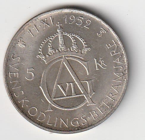 JUBILEUMS MYNT 5 KRONOR FRÅN 1952, O CIRKULERAD.. | Köp på Tradera ...