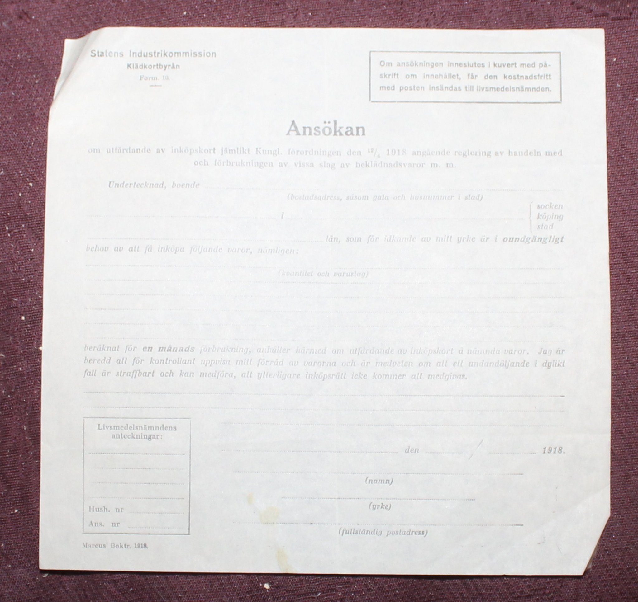 Ansökan om inköpskort 1918 oskriven från lantha.. | Köp på Tradera ...