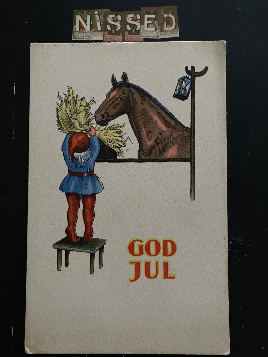 Tecknat vykort med tomte och häst | Köp från nissed2018 på Tradera ...