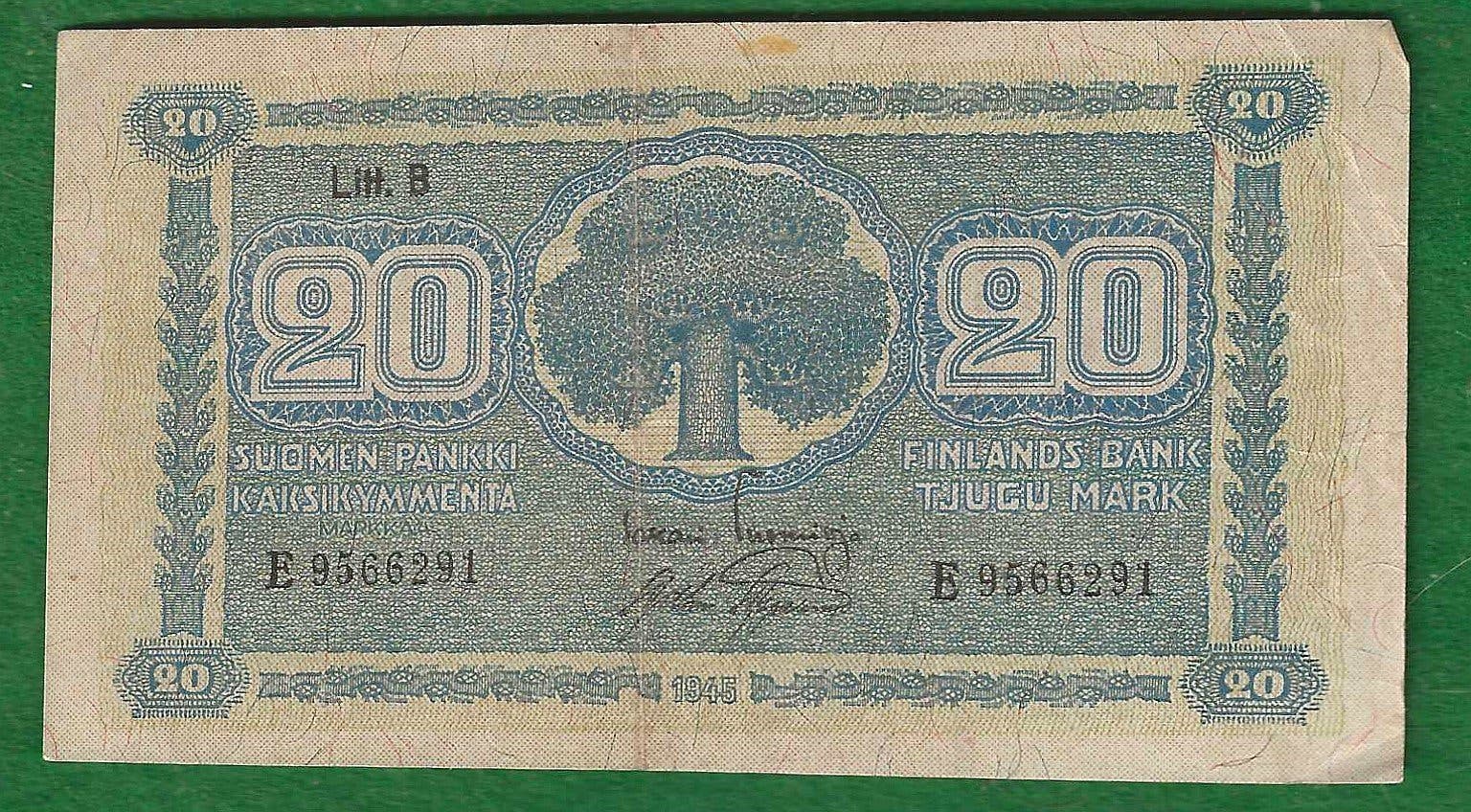 Finsk 20 Mark Sedel från 1945 | Köp på Tradera (702694601)