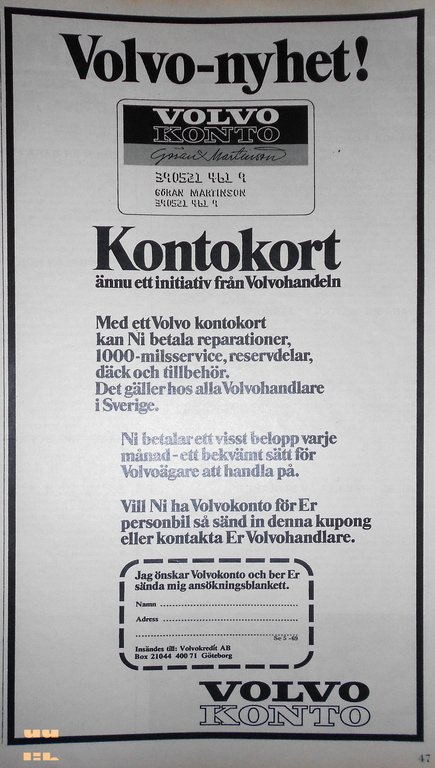 VOLVO KONTOKORT, REKLAM TIDNINGSANNONS 1969 | Köp på Tradera (611192015)