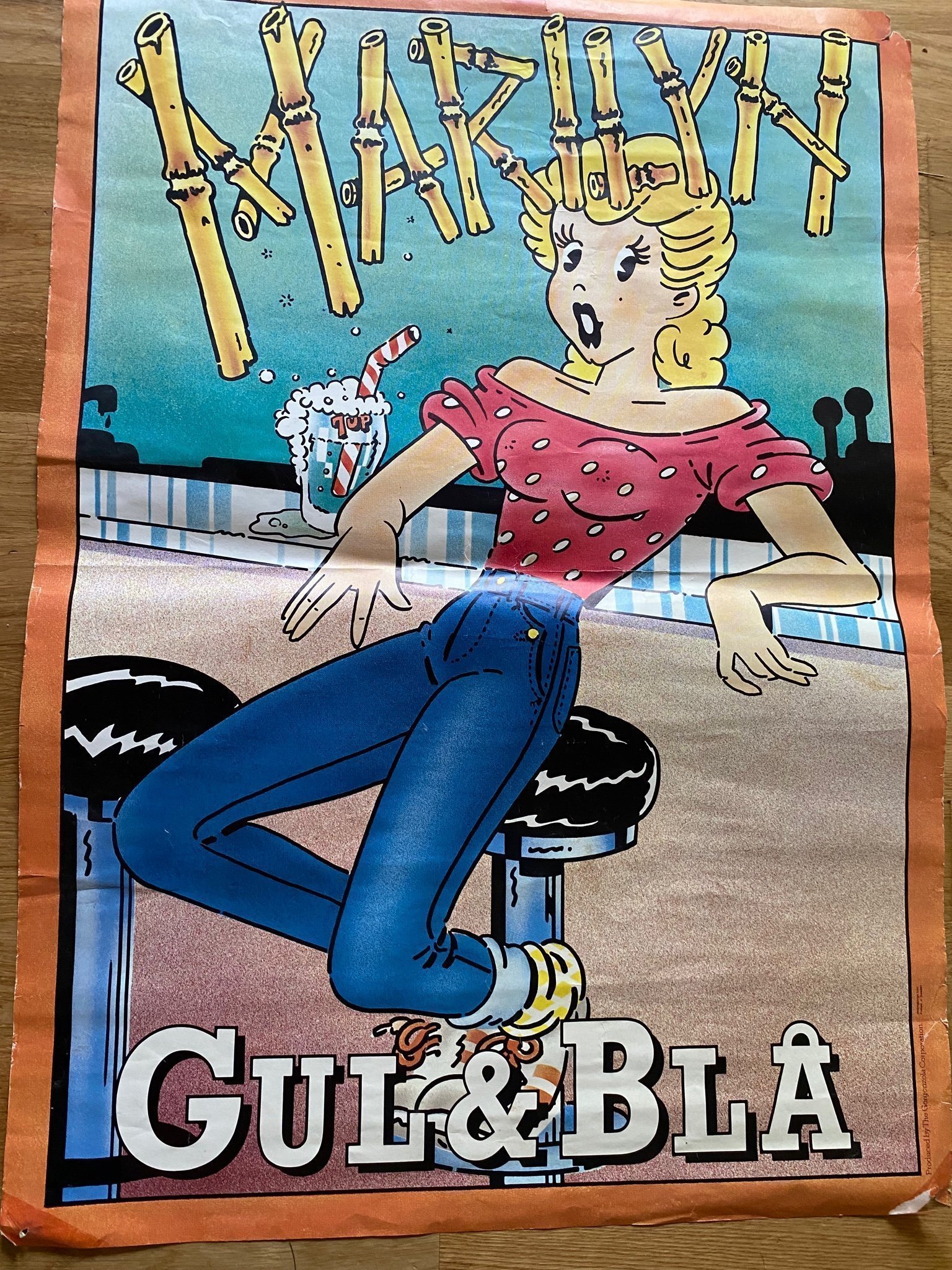 Plansch reklam affisch poster Gul & Blå jeans retro Marilyn