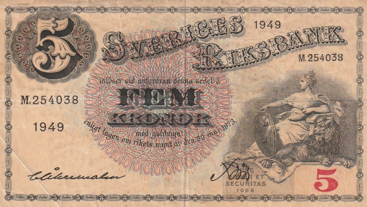 Se produkter som liknar Sedel 5 kronor från 1949, vik.. på Tradera ...