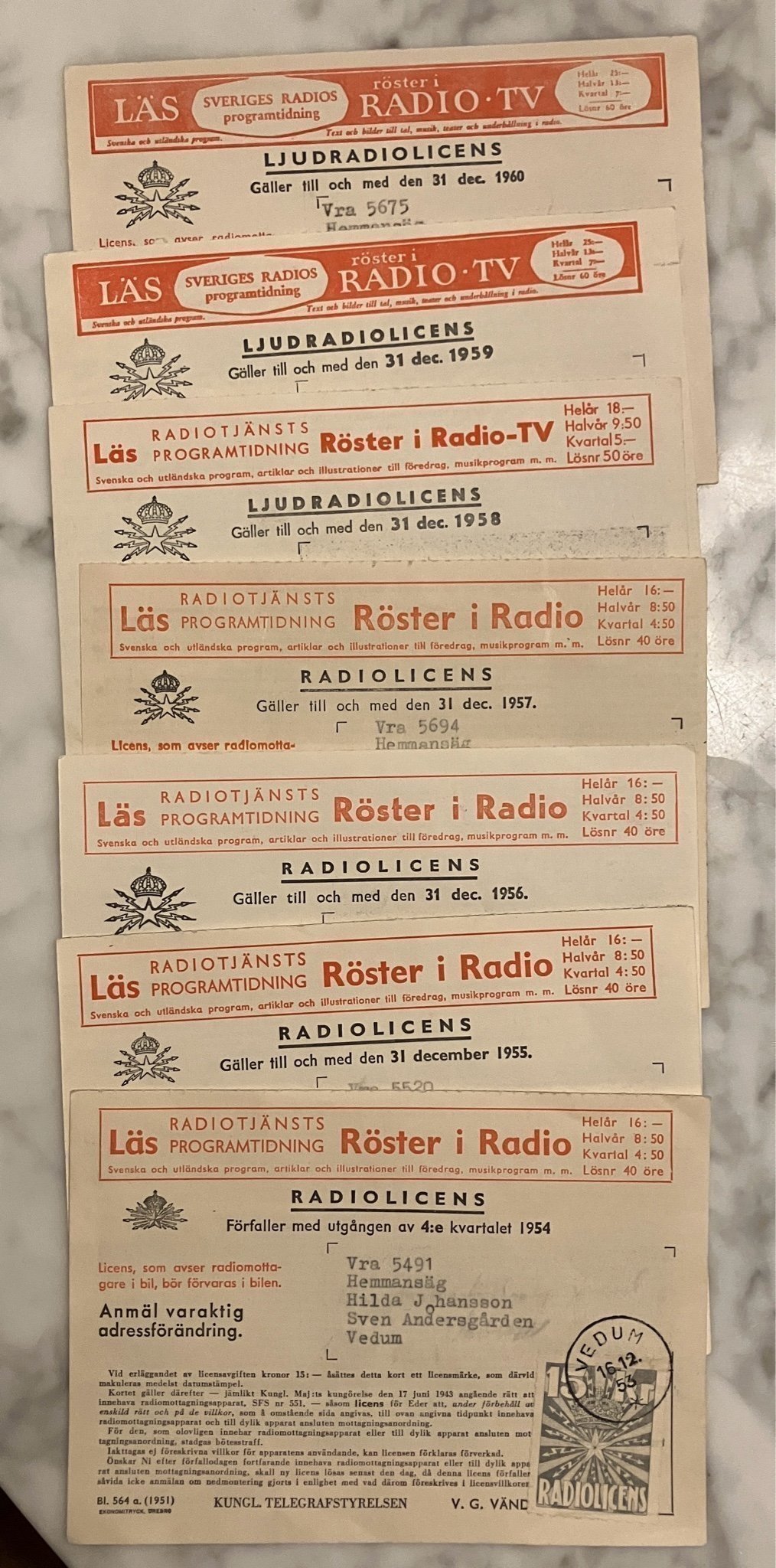 Radiolicens, Ljudradiolicens. 7 kort 1954-1960 | Köp på Tradera (702105177)