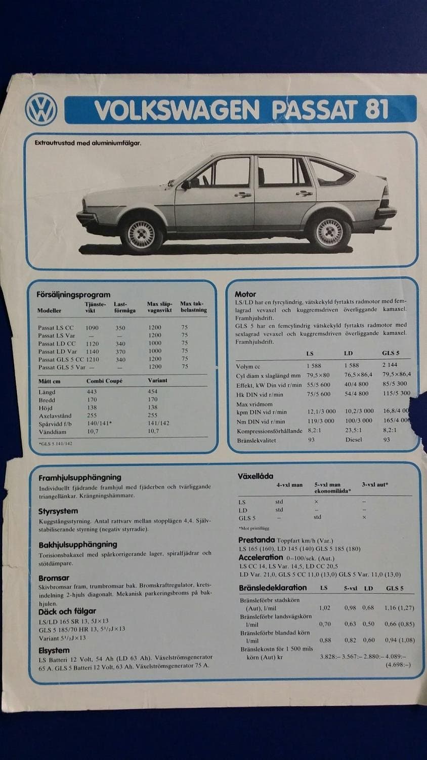 VW Passat 1981 - faktablad från Volkswagen | Köp på Tradera (392428360)
