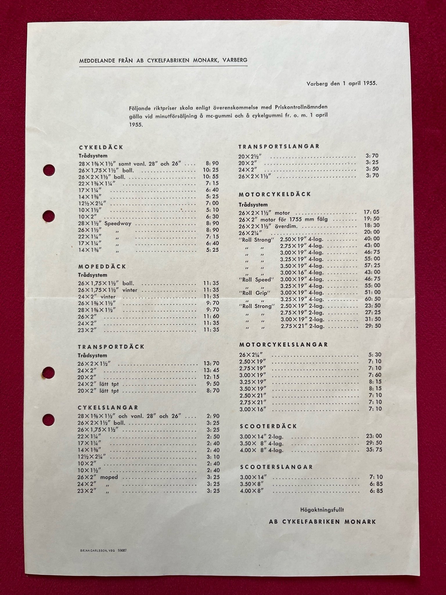 Prislista från Cykelfabriken Monark från 1955. .. | Köp på Tradera ...