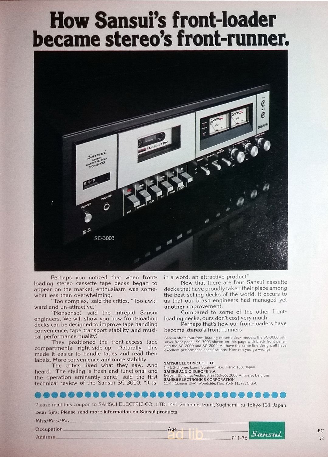 SANSUI SC-3000 FRONT-LOADER CASSETTE DECK, HI-F.. | Köp på Tradera ...