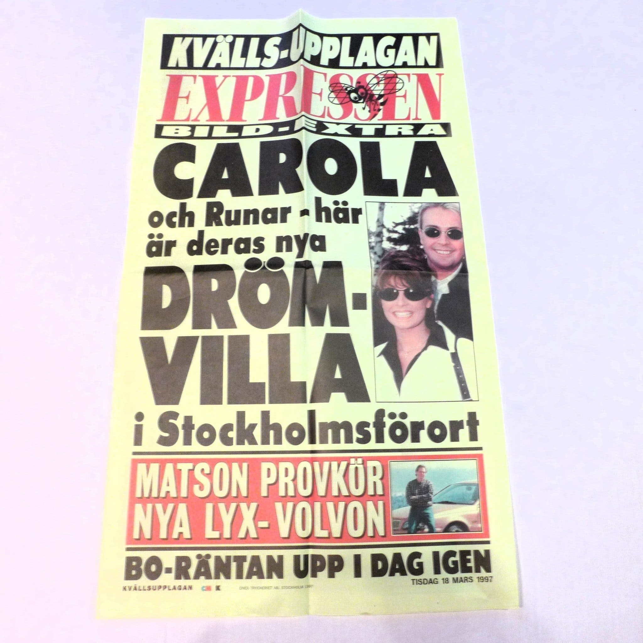 Löpsedel Expressen 8 mars 1997. Carola & Runar .. | Köp på Tradera ...