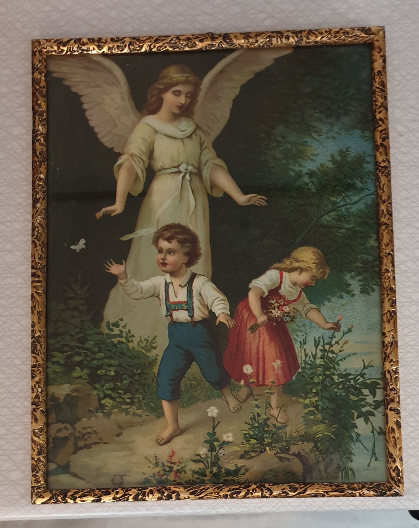 Antik vacker tavla oljetryck skyddsängel, ängel.. | Köp på Tradera ...
