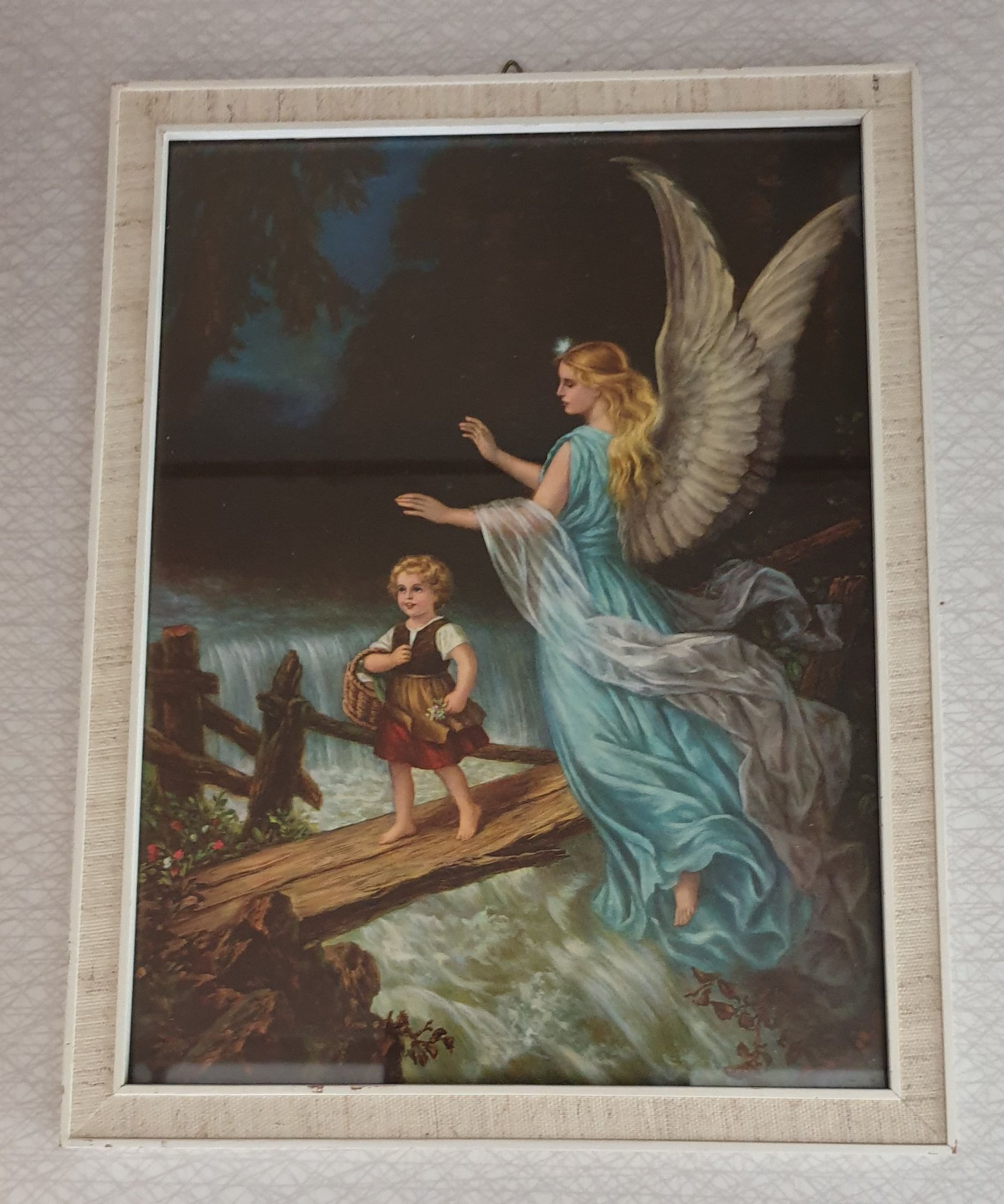 Antik vacker tavla oljetryck skyddsängel, ängel.. | Köp på Tradera ...