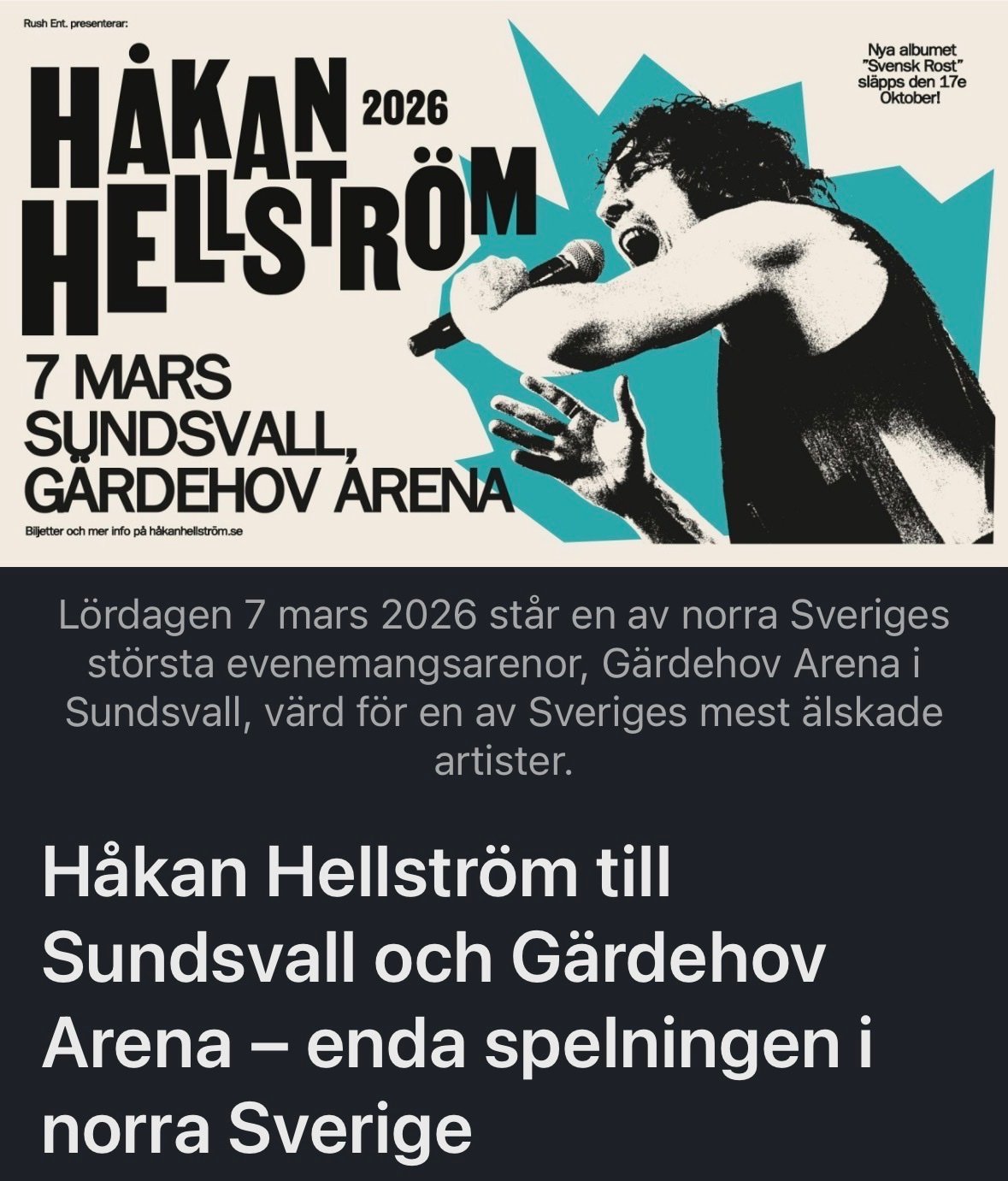 Håkan Hellström Sundsvall 7 mars 2026 | Köp på Tradera (714100624)