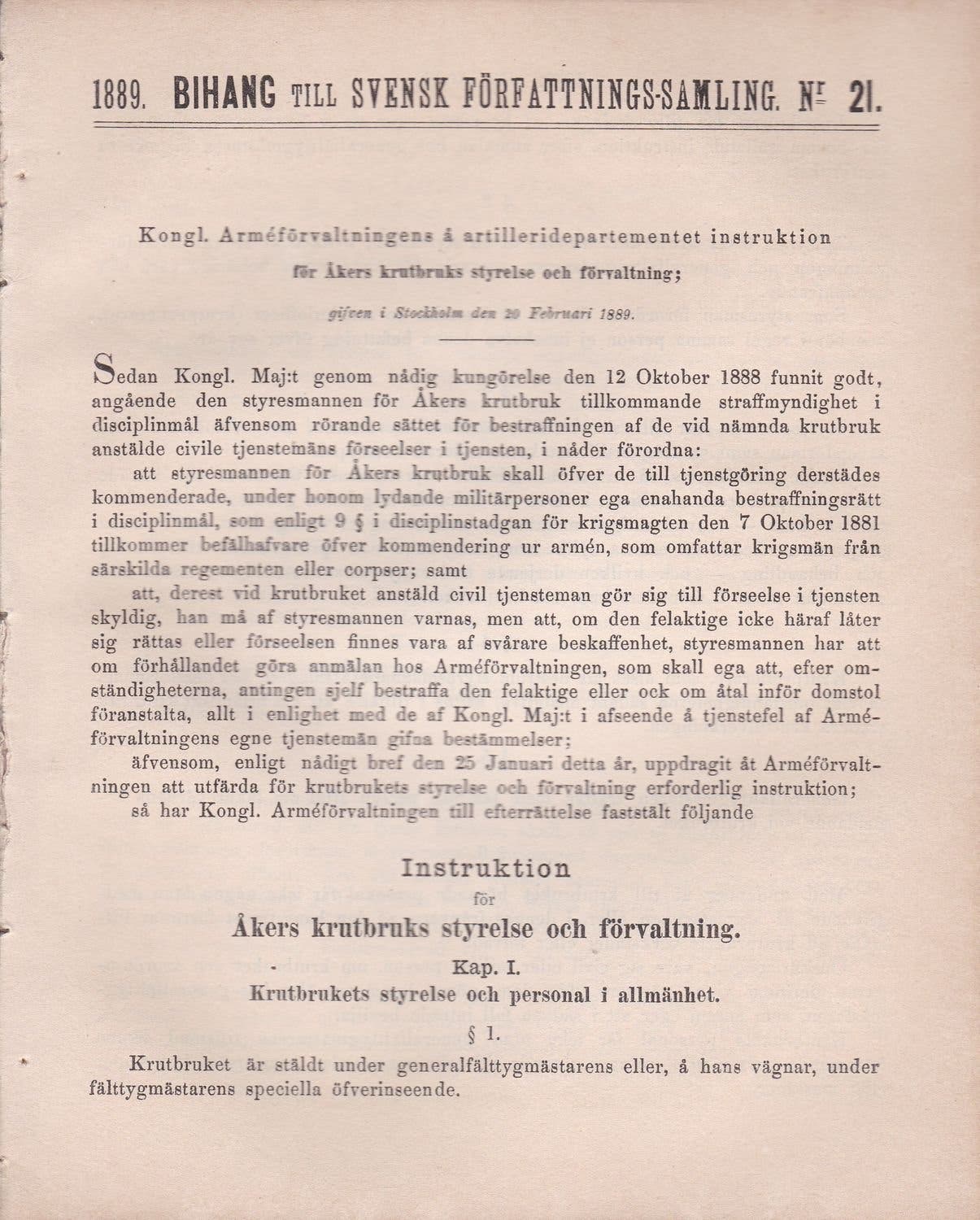 SFS 1889. Bihang nr 21. Instruktion för Åkers k.. | Köp på Tradera ...