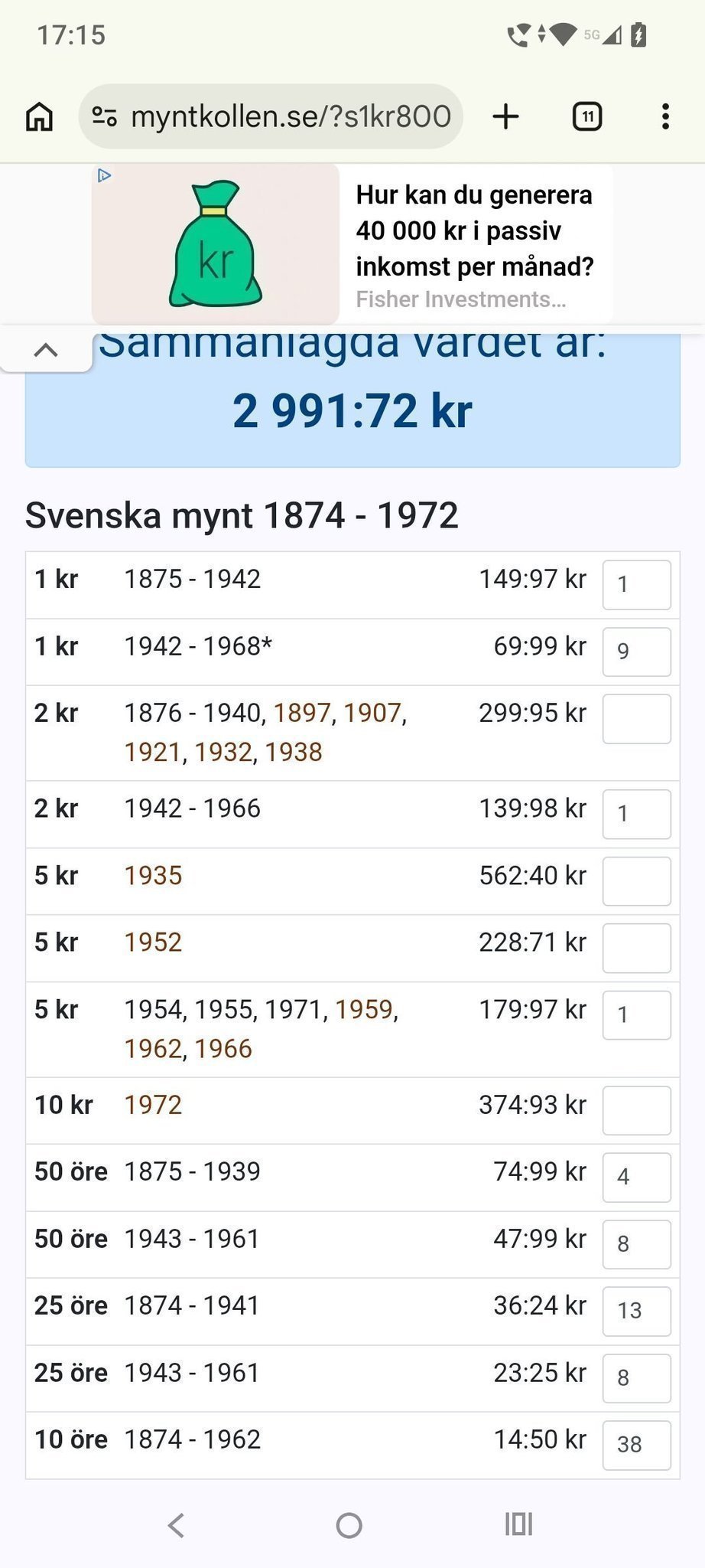 Myntalbum med svenska mynt 1874-1978 silvermynt | Köp på Tradera ...