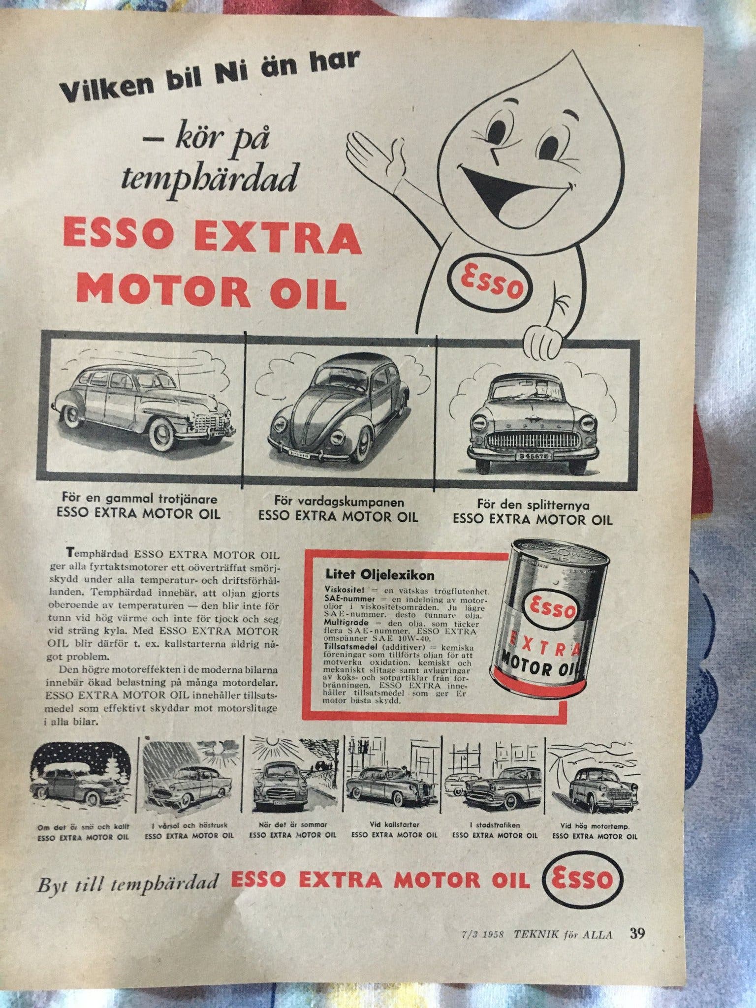 ESSO EXTRA MOTOR OIL 1958 annons | Köp på Tradera (719740711)