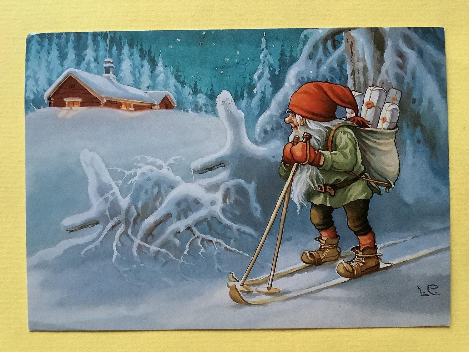 Julkort Tomte skidor LC Lars Carlsson | Köp på Tradera (651405536)