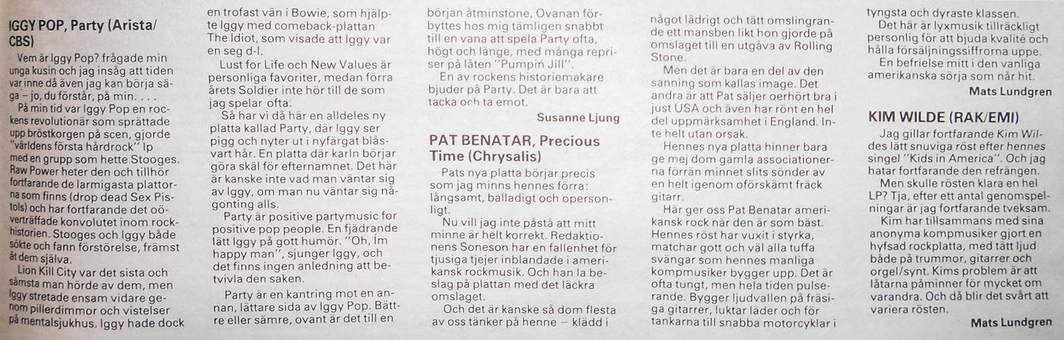 IGGY POP, PAT BENATAR, KIM WILDE, PRESSKLIPP 1981 | Köp på Tradera ...