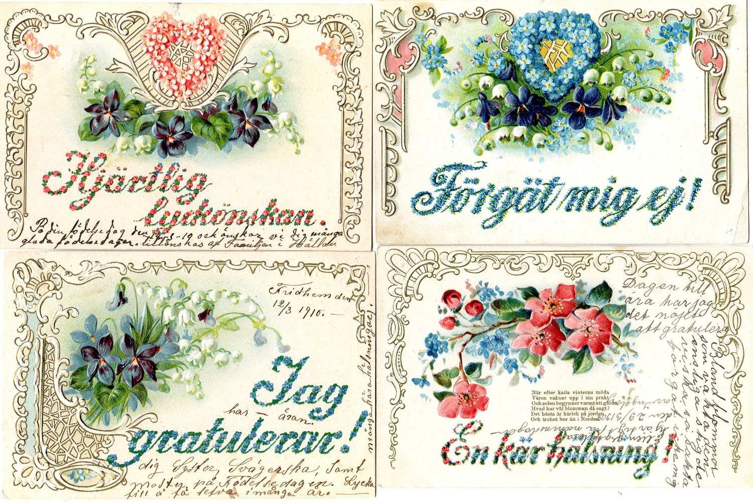 7 MYCKET VACKRA Gratulationskort relief med Text och Blommor ca 1905