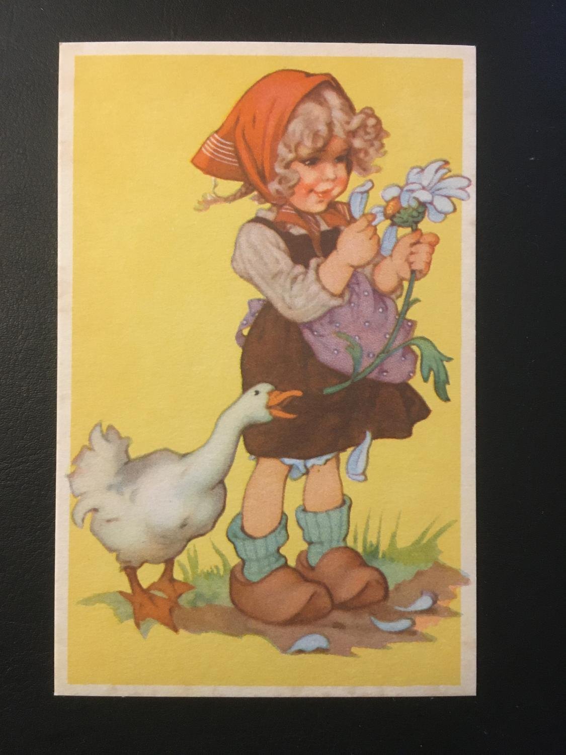 Barn flicka med blomma och gås - Äldre oskrivet.. | Köp på Tradera ...
