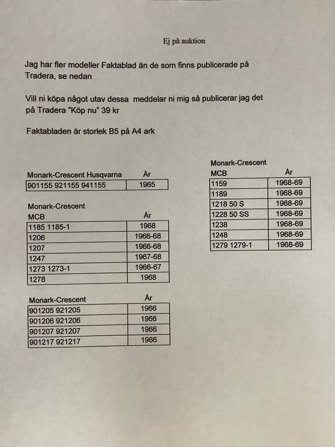 MCB 1254 Crescent Monark Faktablad reservdelar .. | Köp på Tradera ...