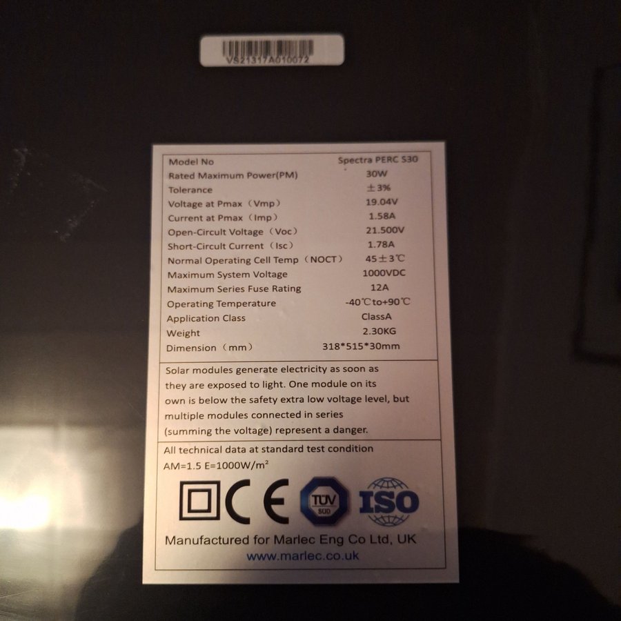 Solcell Marlec Spectra PERC 30W | Köp på Tradera (708251869)