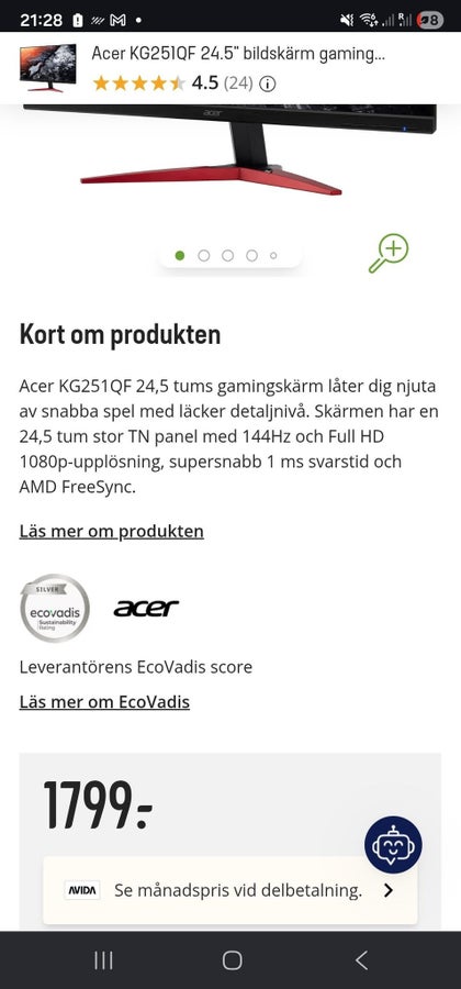 Acer KG251Q 24.5" Full HD 144Hz Gaming Monitor | Köp på Tradera (735177762)