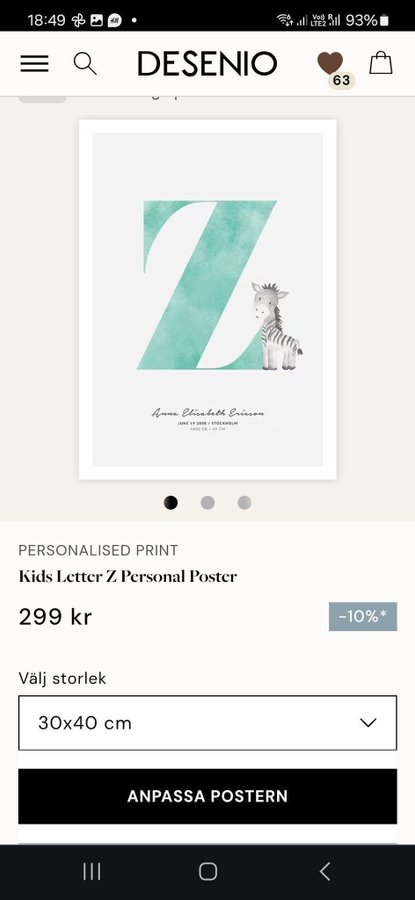 Poster bokstaven Z zebra Desenio tavla | Köp på Tradera (710712979)