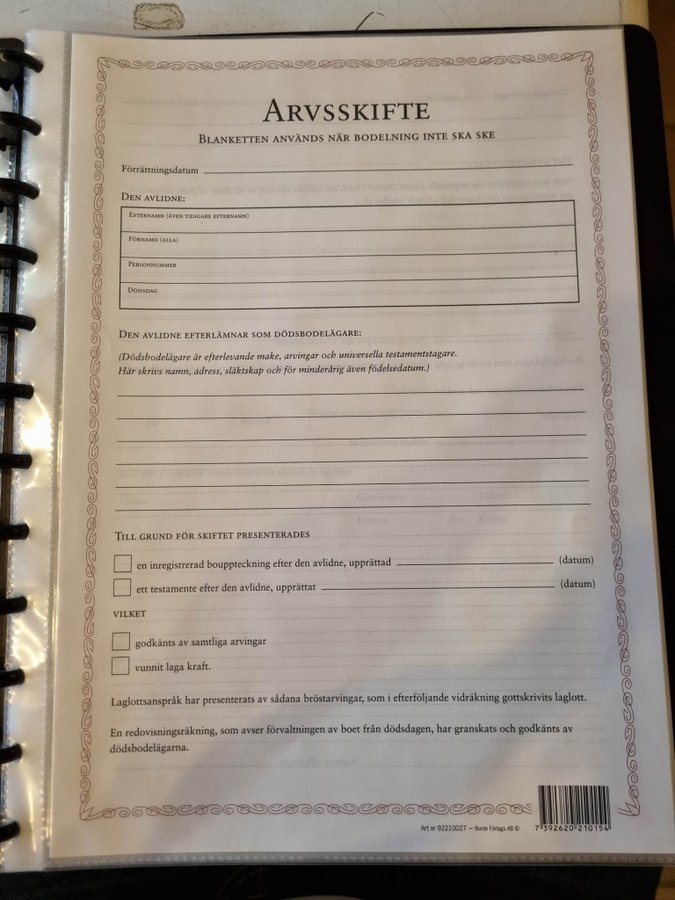 Arvsskifte blankett - HELT NY! | Köp från fyndvardag på Tradera (586344870)