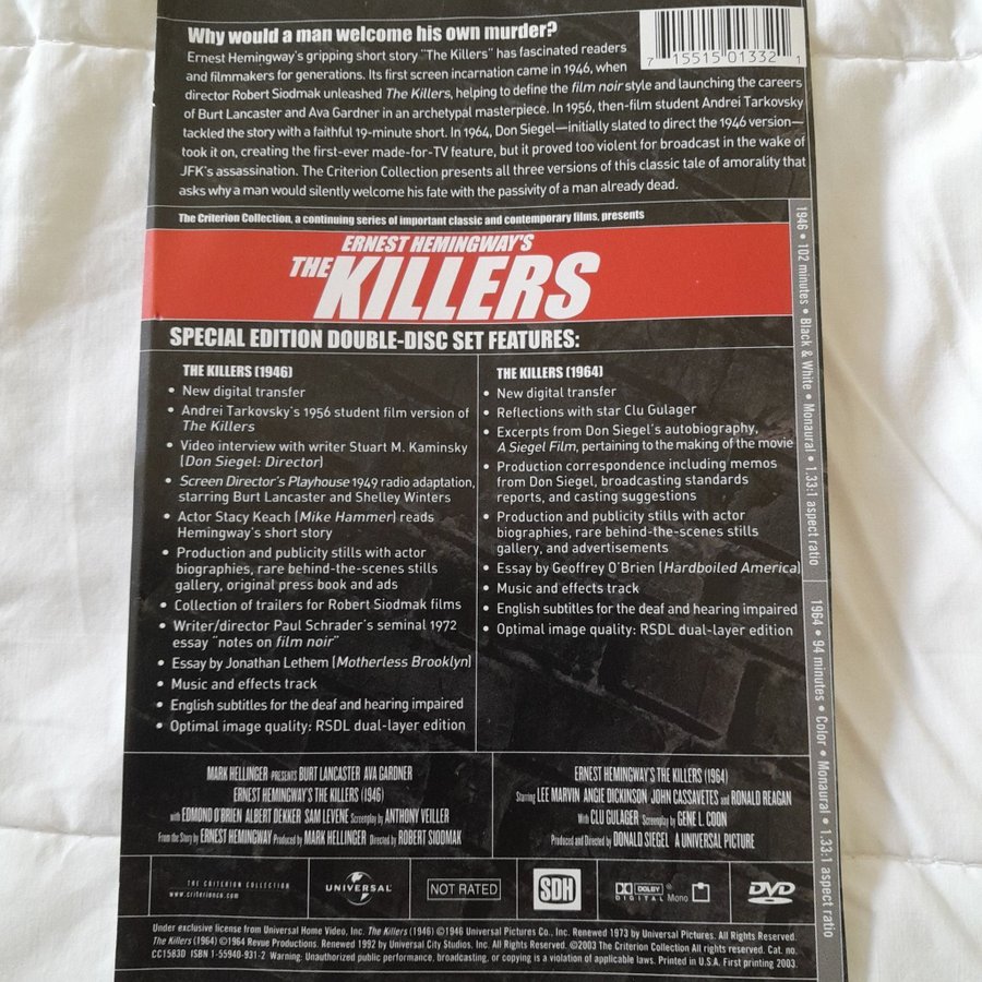 The Killers - Criterion Collection - Dubbel DVD.. | Köp på Tradera ...