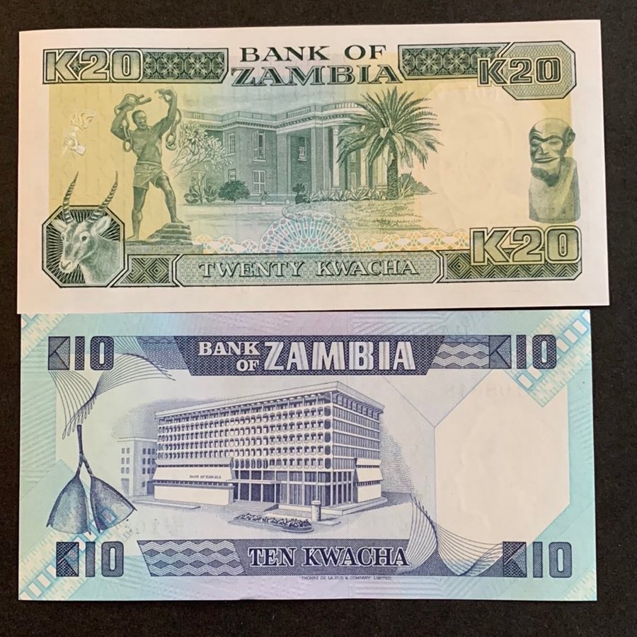 Zambiska sedlar - 10 och 20 Kwacha UNC | Köp på Tradera (705113689)