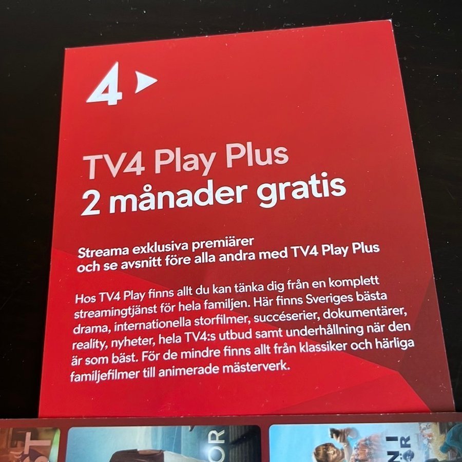 Se produkter som liknar TV4 plus 2 mån gratis på Tradera (691562710)