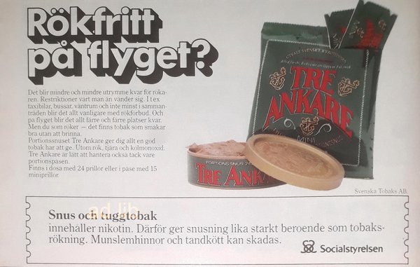 TRE ANKARE PORTIONSSNUS - SVENSKA TOBAKS AB, TIDNINGSANNONS 1988